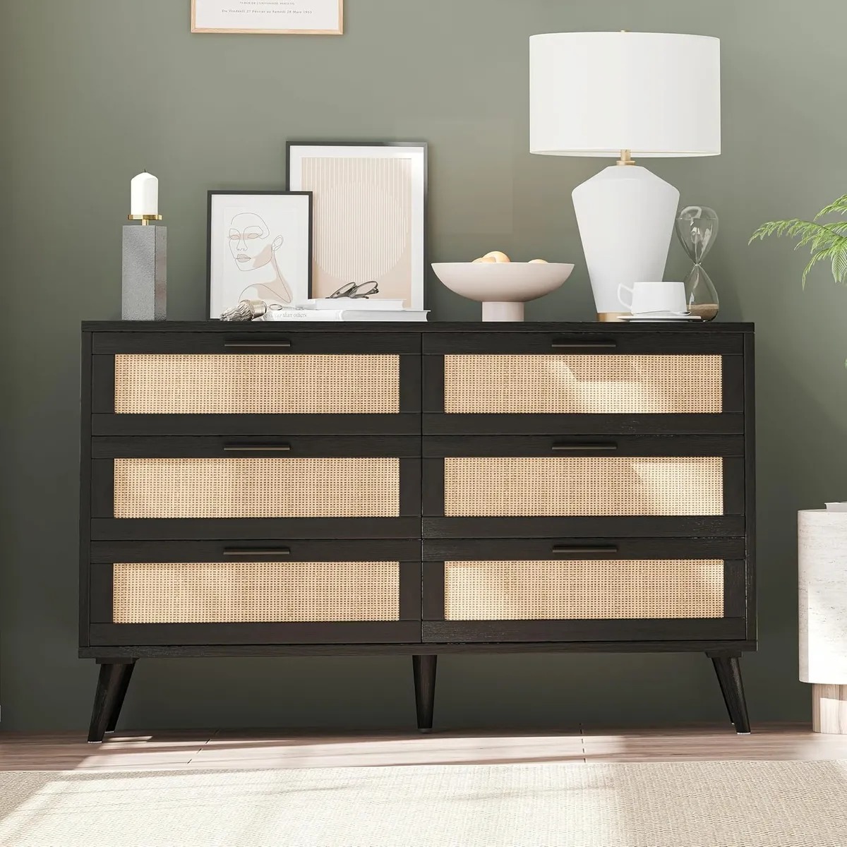 Cómoda de Ratán con 6 Cajones | Mueble Organizador de Madera con Zócalo